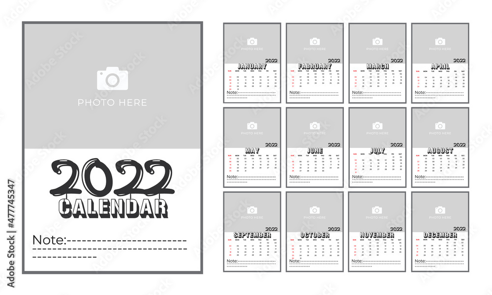 Wall Calendar template for the year 2022 A set of pages for 12 months ...