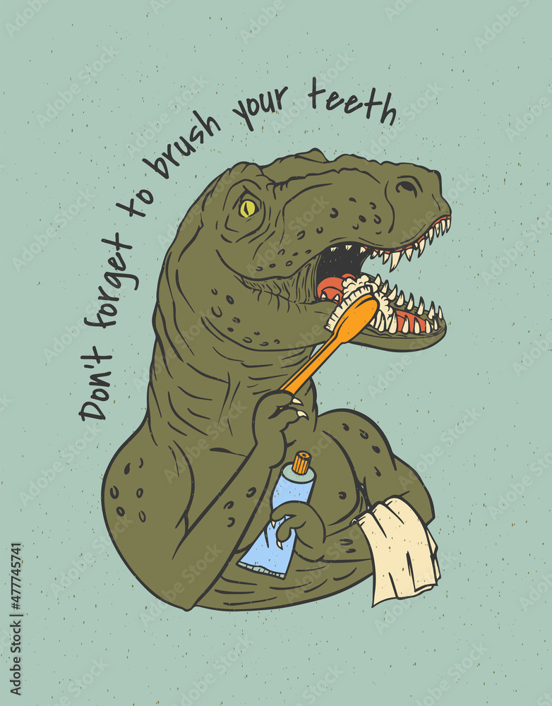 dinosaur t-rex brushing teeth, funny vector illustration Stock Vector ...