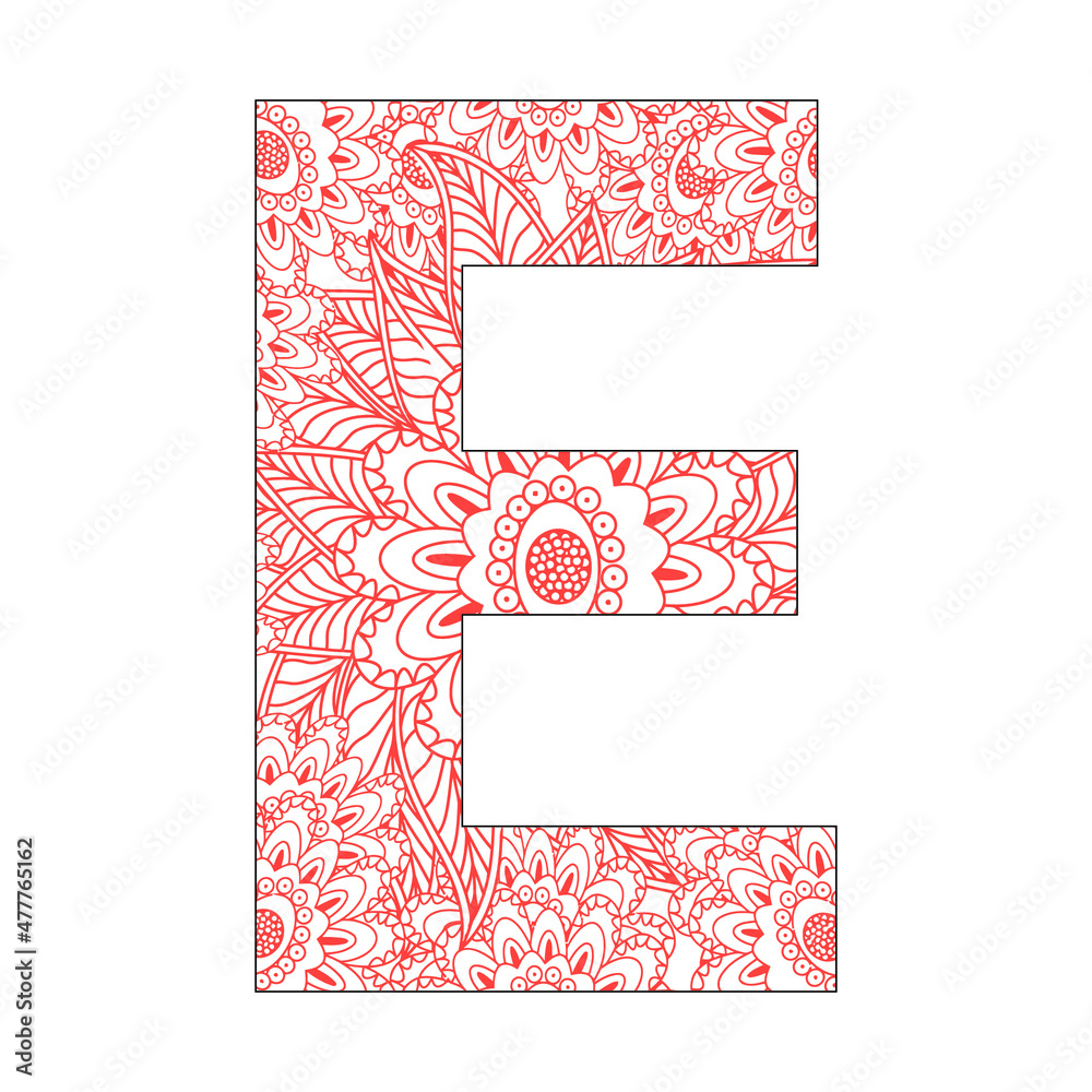 Adult coloring page with letter E of the alphabet. Ornamental font ...