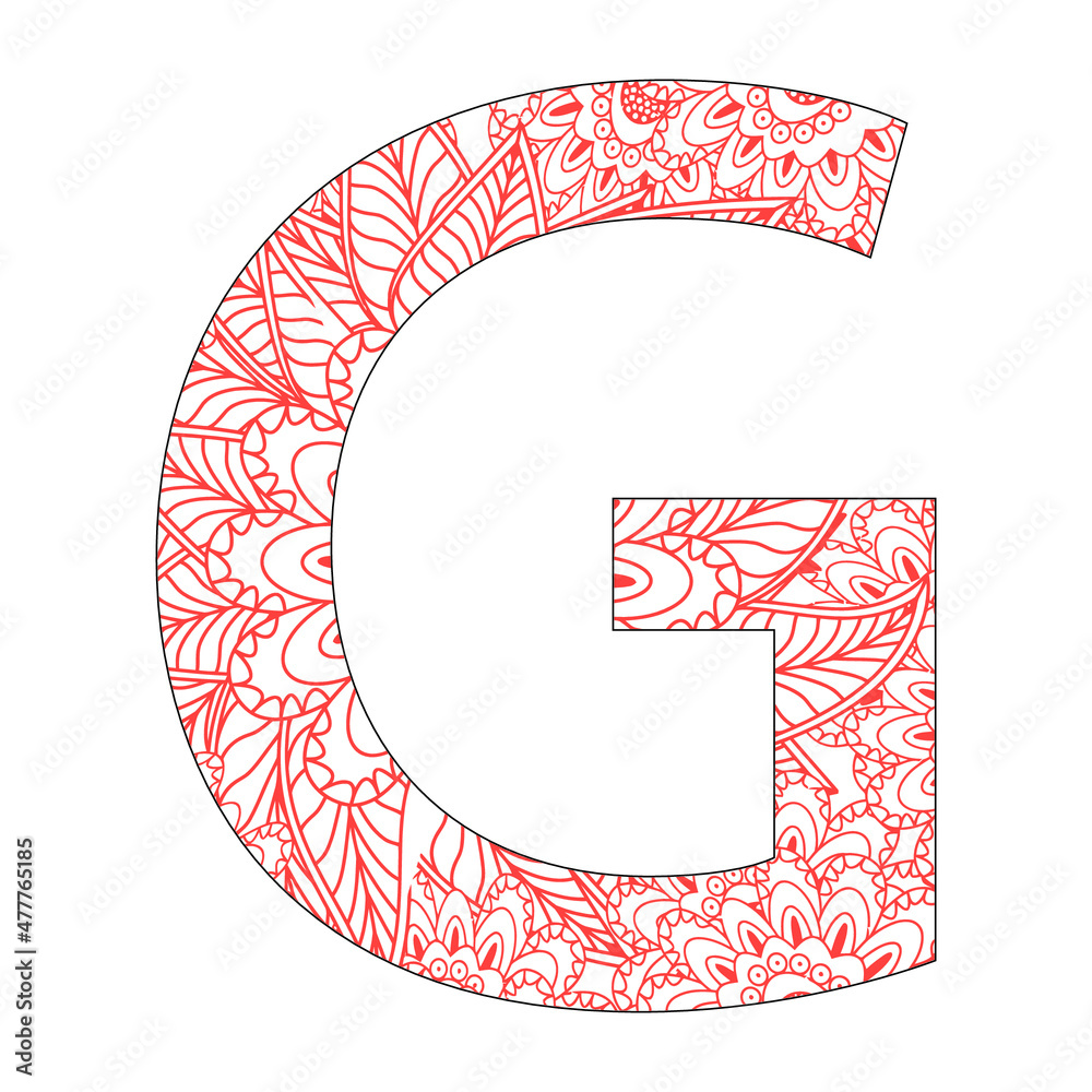 Adult coloring page with letter G of the alphabet. Ornamental font ...