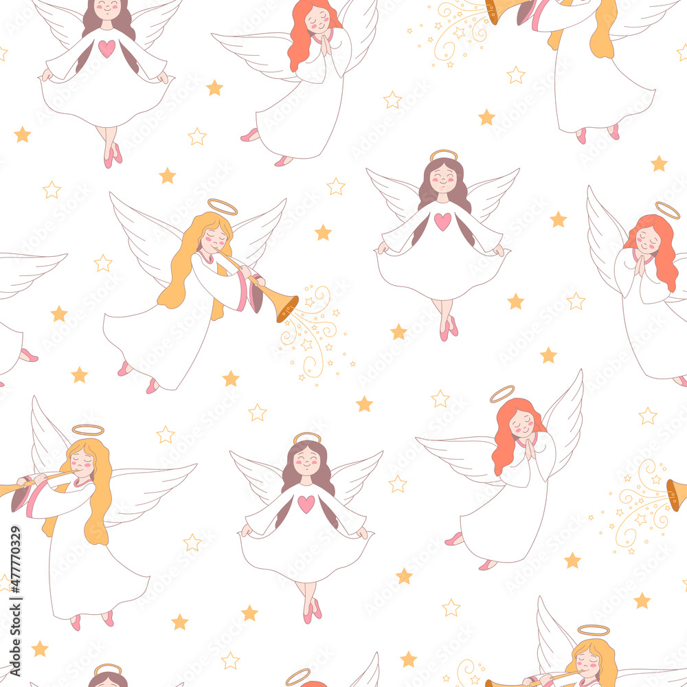 Angels pattern with different pose and stars Stock Vector | Adobe Stock