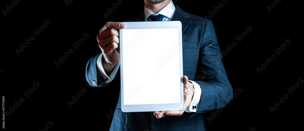 Screen mockup. Empty blank tablet in businessman hand. Mock up screen ...