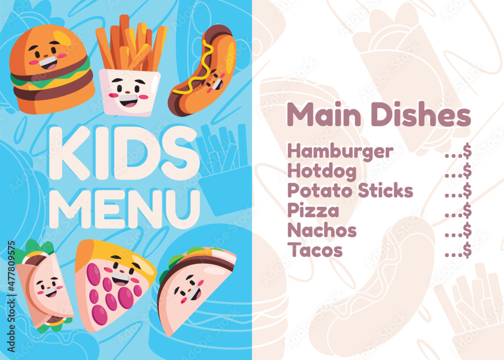 kids menu template of children restaurant meals list of food template ...