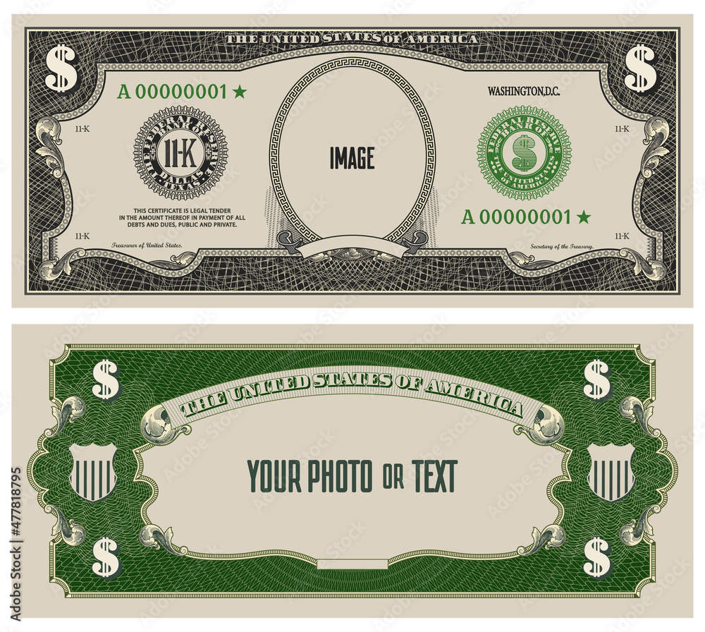 Blank sample of retro paper money. Obverse and reverse of the banknote ...