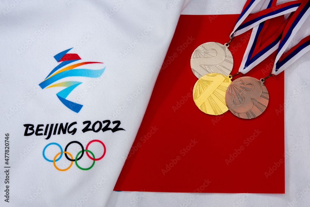 BEIJING, CHINA, JANUARY 1, 2022: Gold silver and bronze medal, olymoic ...