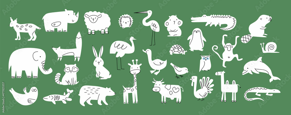 A set of simple animal for children's coloring pages: sheep, rhinoceros ...