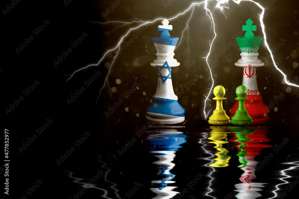 israel and iran, hamas, hezbollah flags paint over on chess king and ...