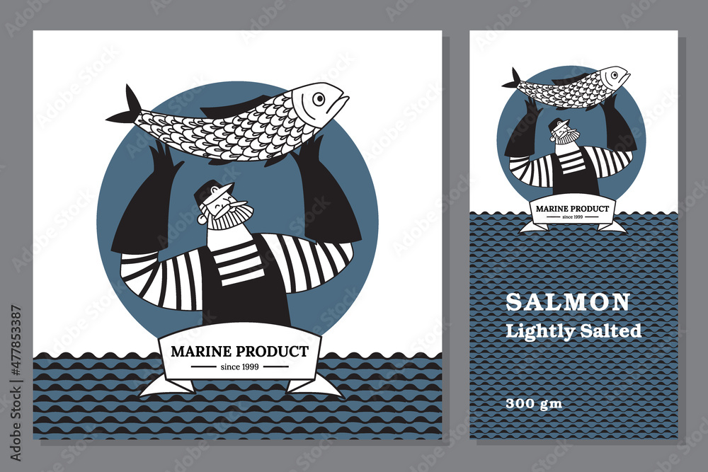 Logo, trademark, corporate identity of fish products. A sailor with a ...