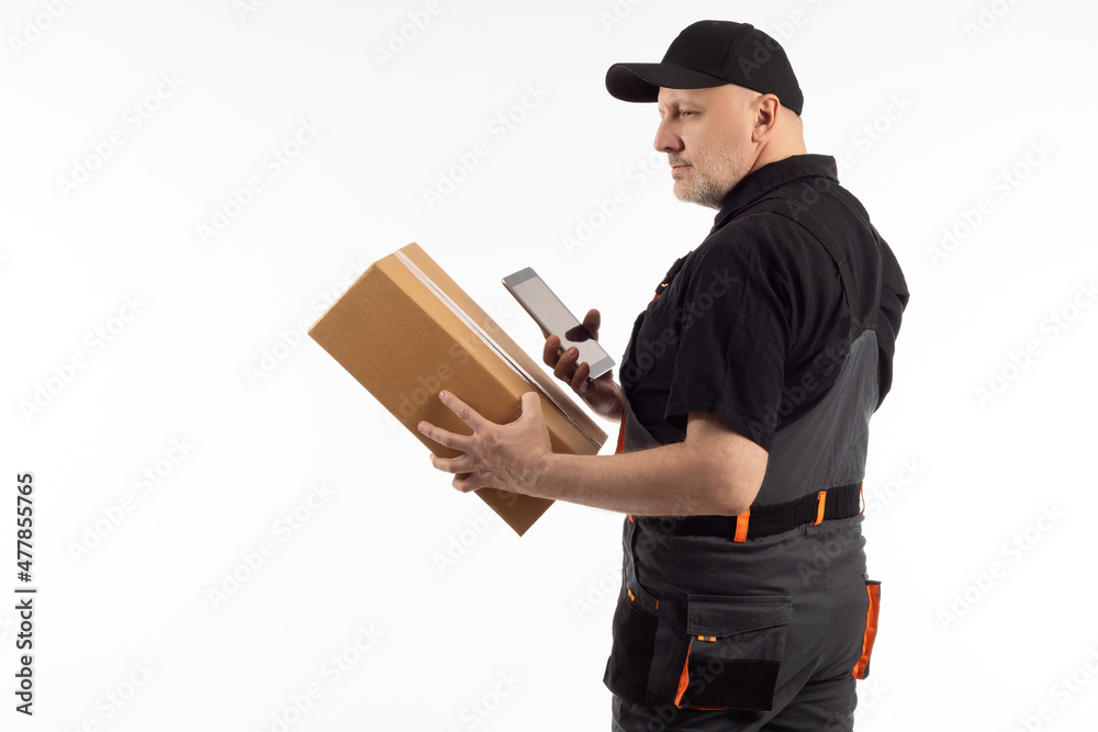 Courier services concept. Courier services employee with box and tablet ...