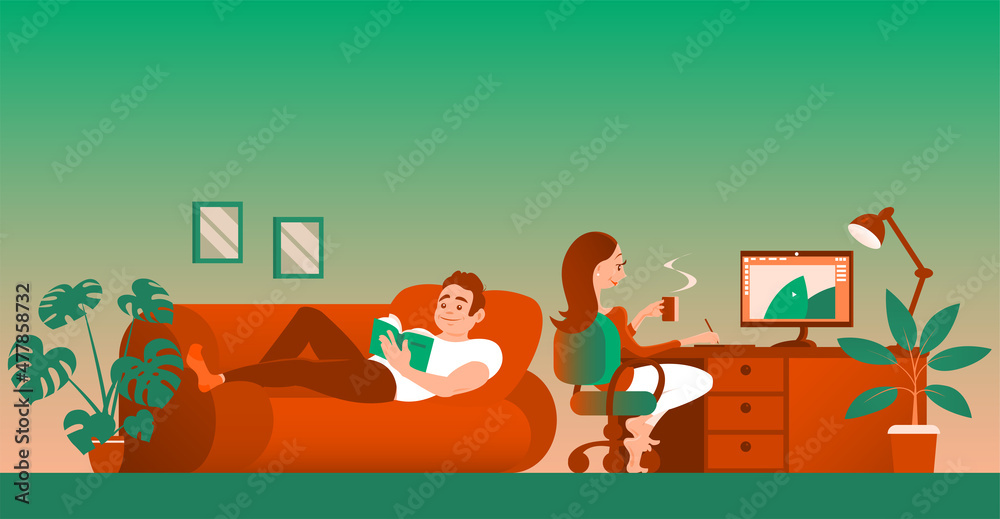 Married couple have a rest at home. A man lies on a sofa and reads a ...