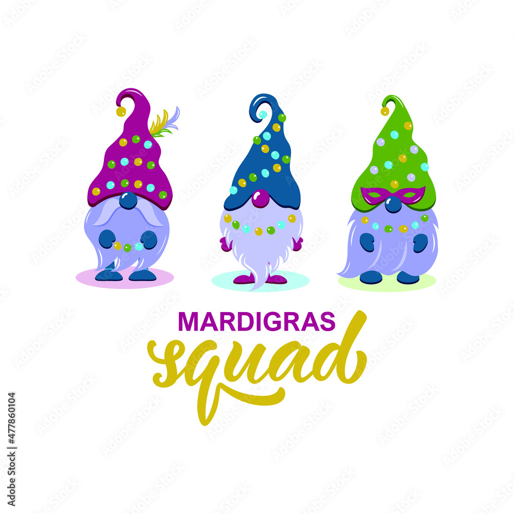 Mardi Gras Gnomes vector set. Mardigras squad handwritten text. Cute ...