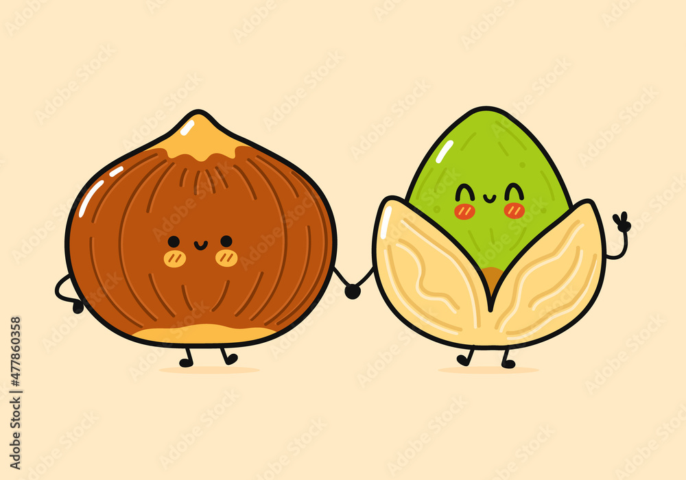 Cute, funny happy hazelnut and pistachios character. Vector hand drawn ...