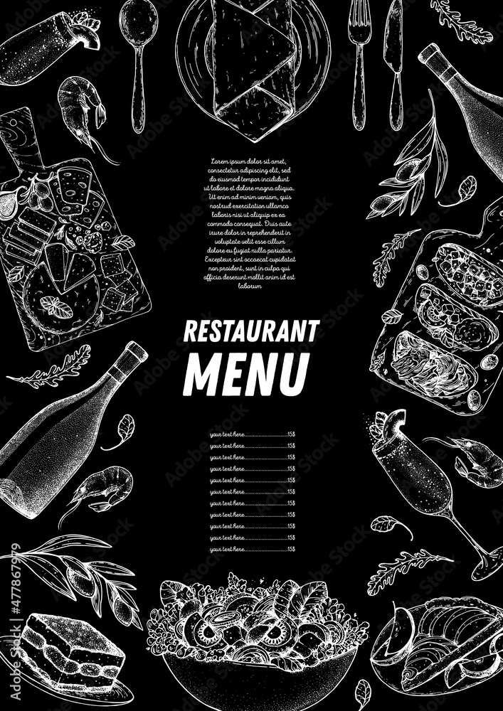 Restaurant menu. Food top view. Sketch illustration. Hand drawn. Food ...