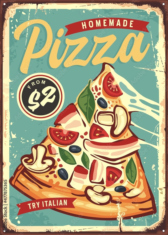 Pizza decorative poster template for restaurant or pizzeria. Italian ...