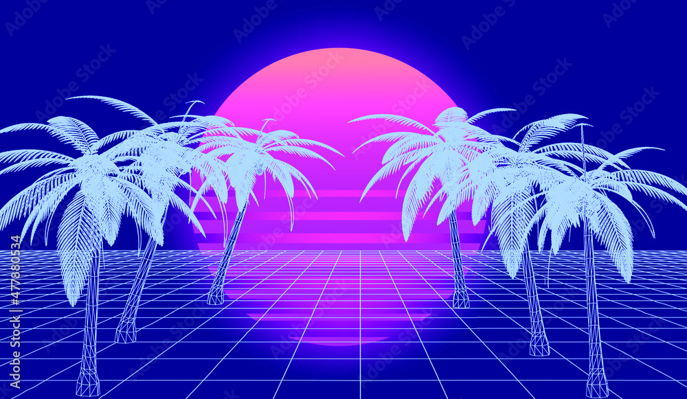 Vaporwave retro style 3D landscape with laser grid, row of palm trees ...