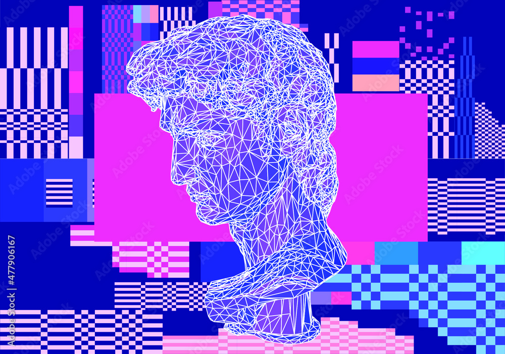 Retrofuturistic sci-fi 3D illustration of a low poly bust and distorted ...