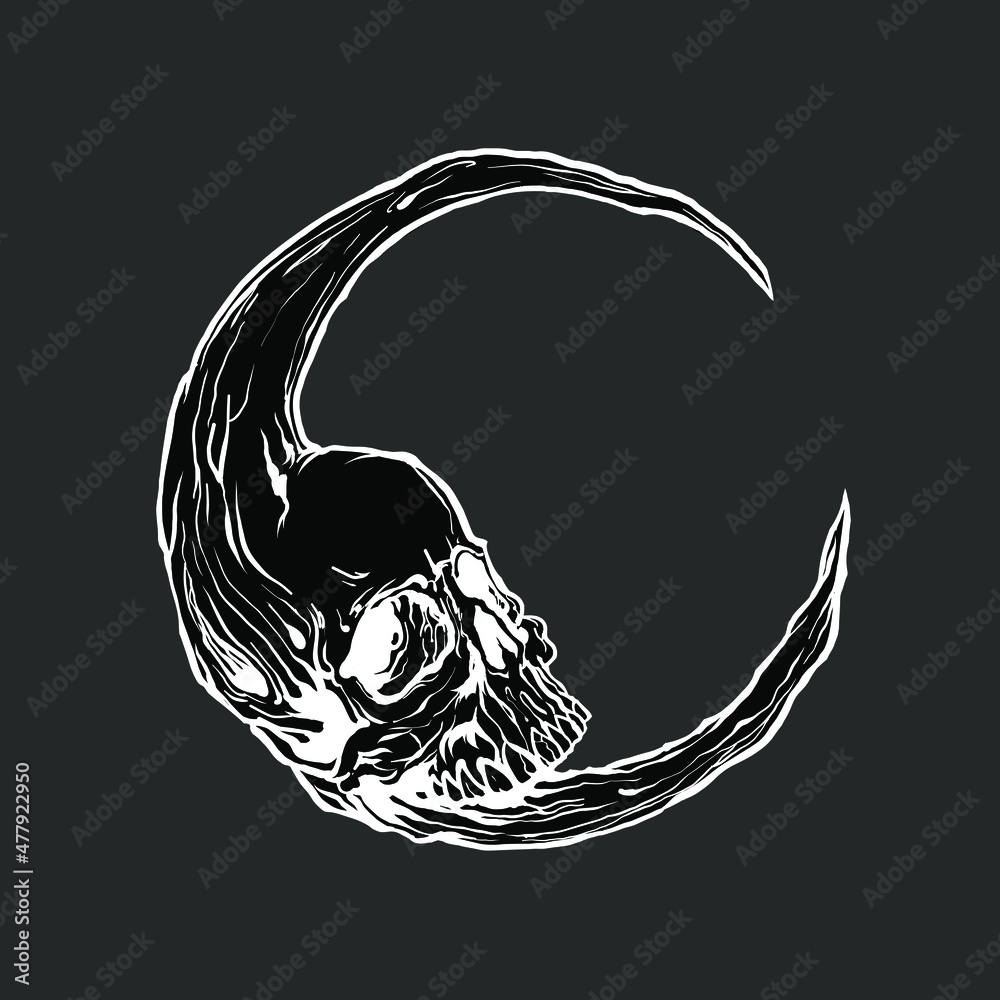 Moon Skull Hand drawn. Skull line art. Gothic design for prints. Vector ...
