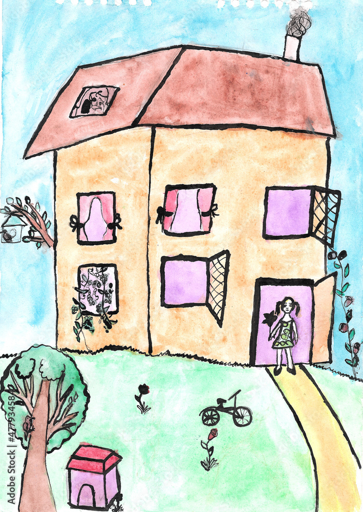 Child drawing watercolor house little girl concept happy childhood. Big ...