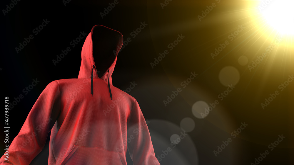 Anonymous hacker with red hoodie in shadow under yellow flash flare ...