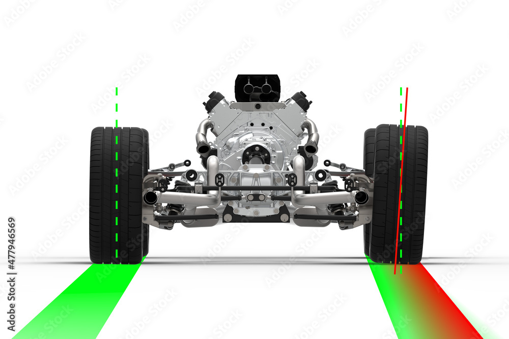 Car rear wheel missalignment.3D illustration with back view of a car ...