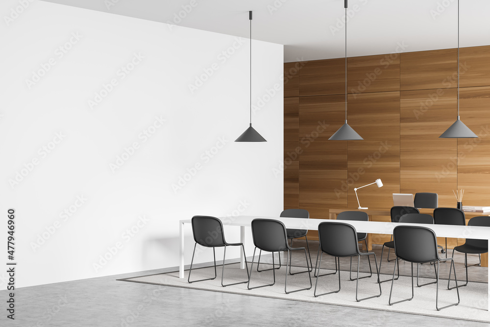 Corner view of meeting room with white and wood walls Stock ...