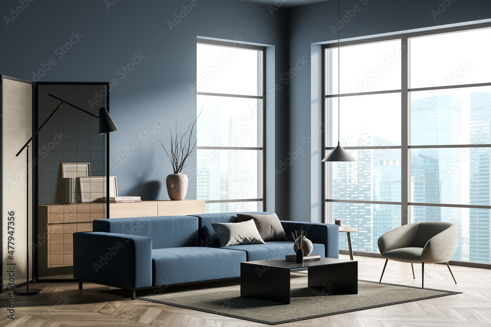 Blue living room with modern design. Corner view. Stock Illustration ...