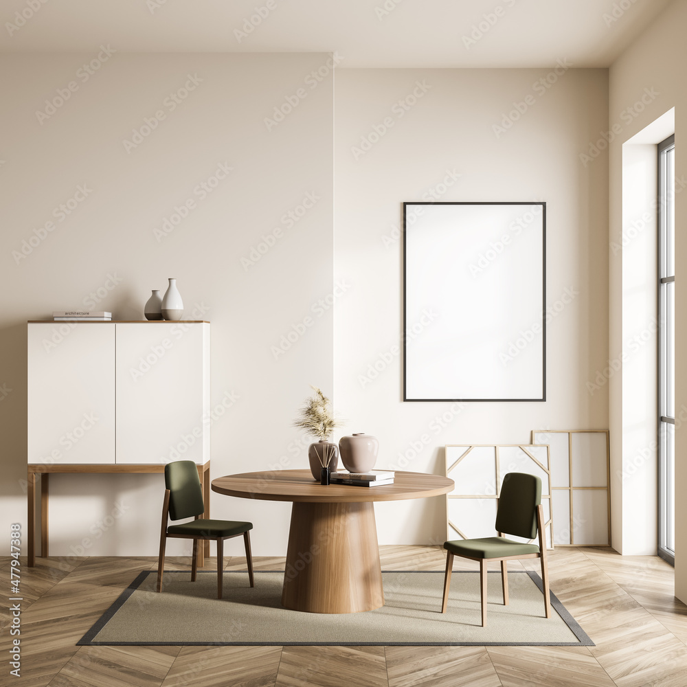 Bright living room interior with empty white poster, panoramic window ...