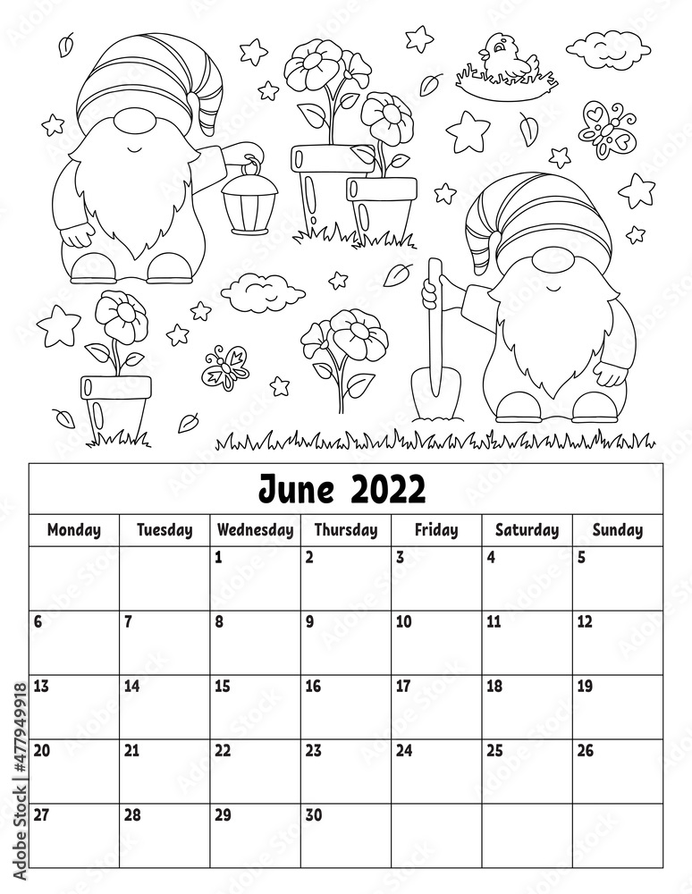 Vertical calendar for 2022 with a cute character. Coloring page for ...