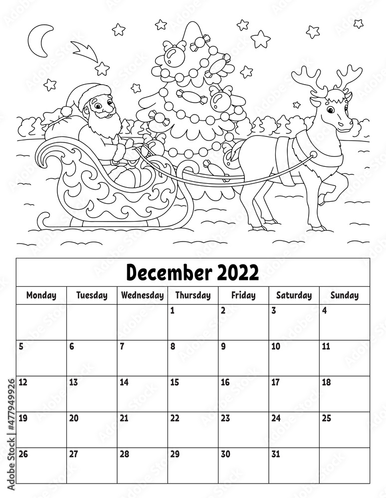 Vertical calendar for 2022 with a cute character. Coloring page for ...