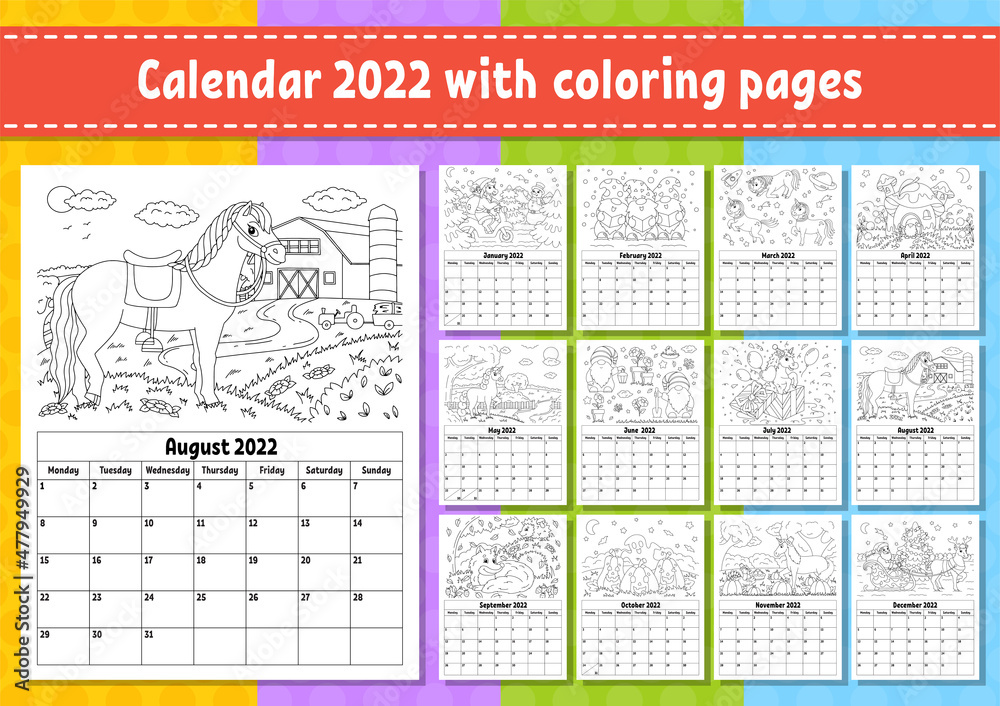 Vertical calendar for 2022 with a cute character. Coloring page for ...