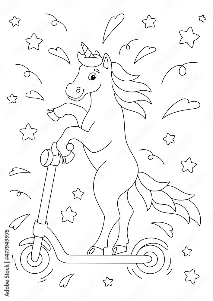 A cheerful unicorn rides an electric scooter. Coloring book page for ...
