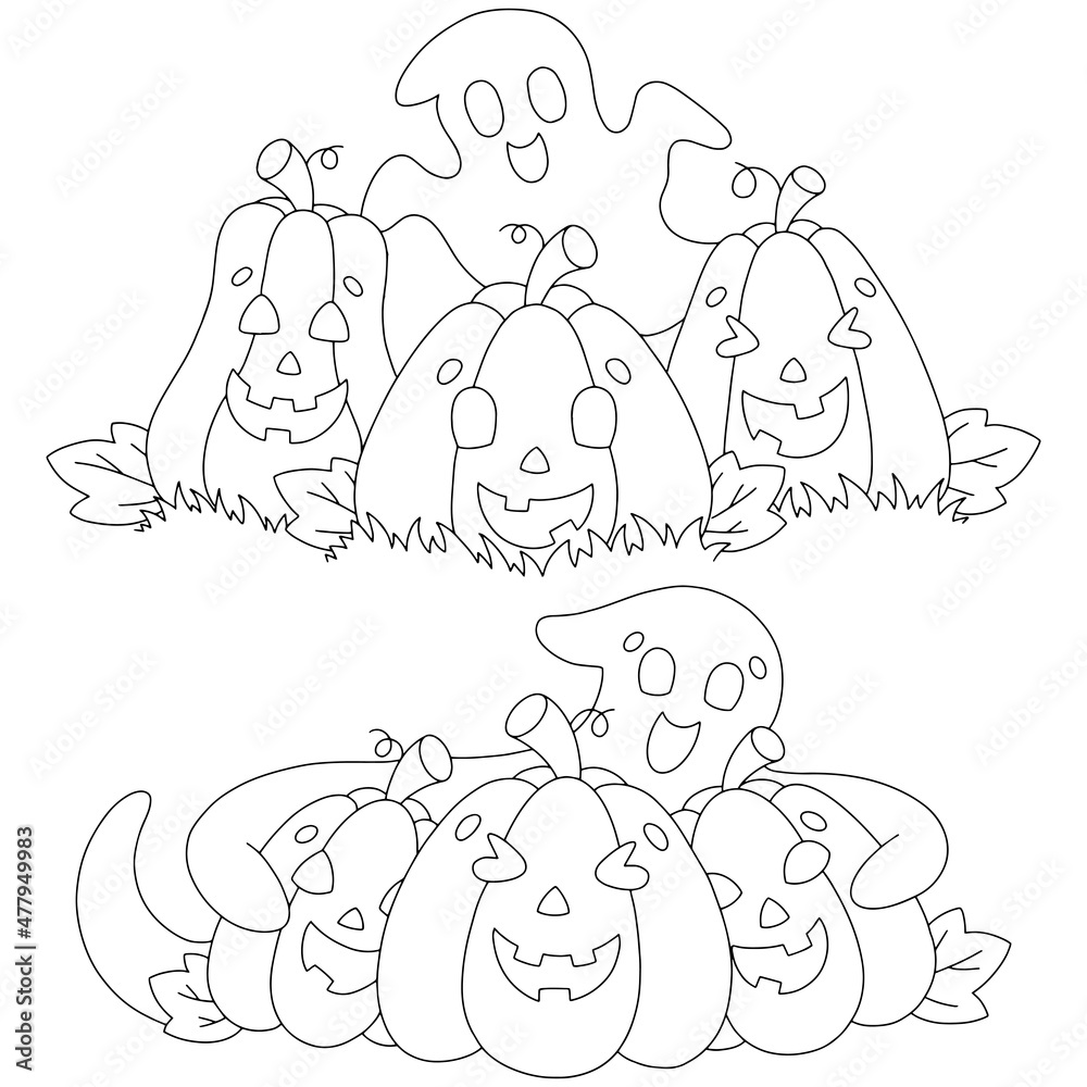 Set of funny pumpkins and ghosts. Coloring book page for kids. Cartoon ...