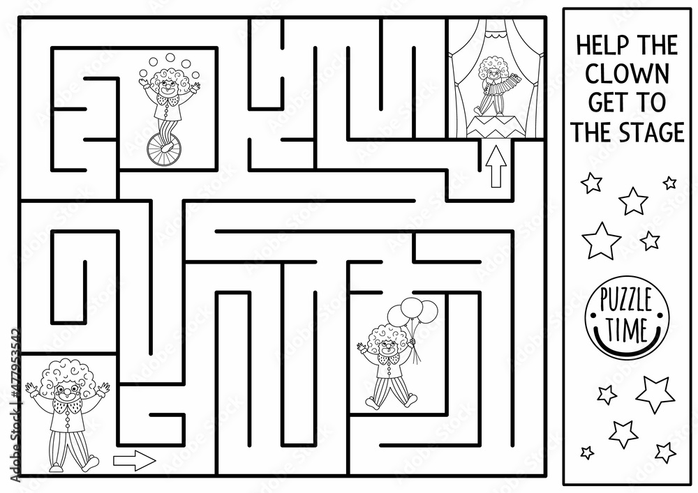 Circus black and white maze for kids with clown going to the stage ...