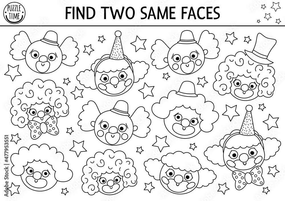 Find two same clown faces. Circus black and white matching activity for ...