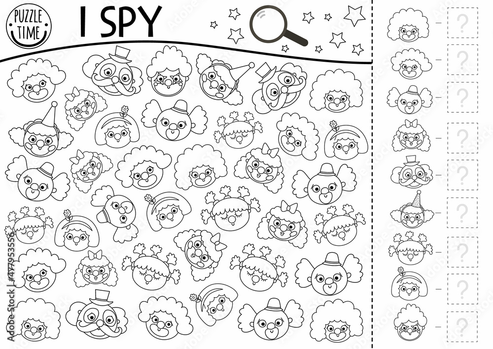 Circus black and white I spy game for kids. Searching and counting line ...