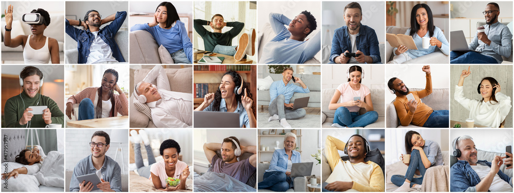 People of different ages and nationalities enjoying weekend at home ...