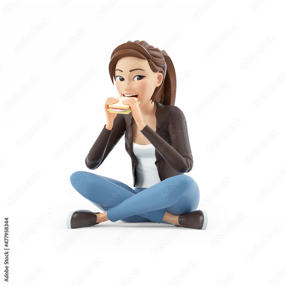 3d cartoon woman eating sandwich sitting on floor Stock Illustration ...
