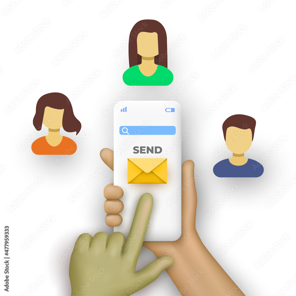 Smartphone in hands with email envelope. Sending email to multiple ...