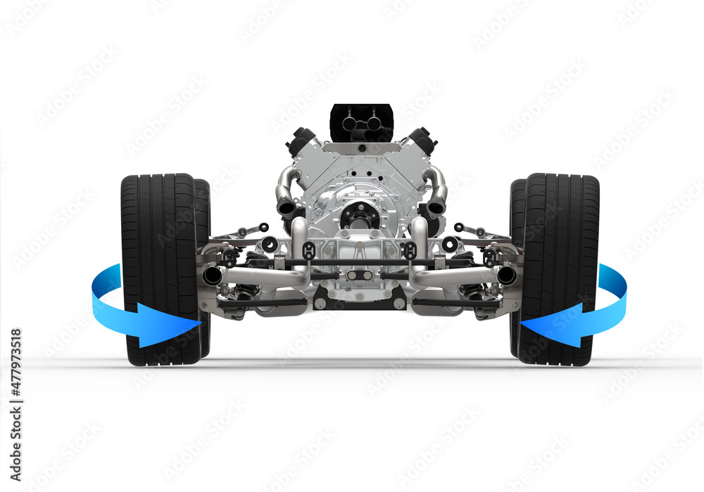 3D Illustration with car wheel alignment. Camber negative and positive ...