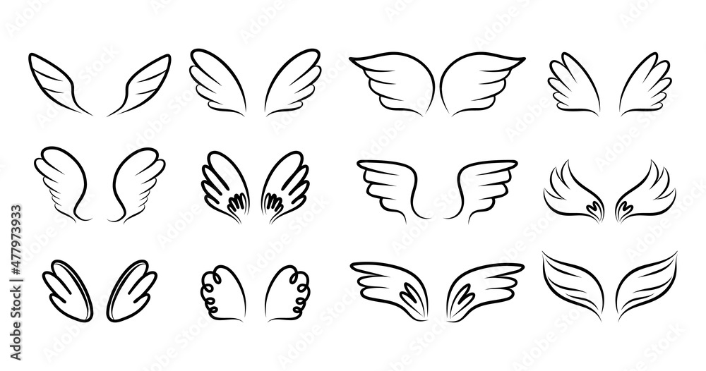 Wings. Hand drawn bird and angel outline elements. Angelic emblem ...