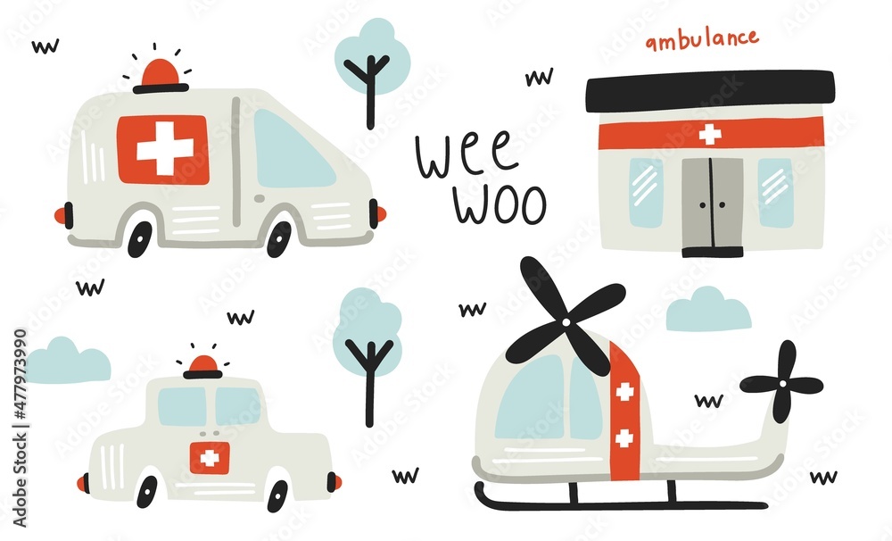 Medical car. Hand drawn ambulance automobile, helicopter and hospital ...