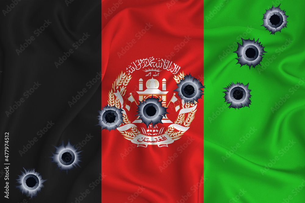 Afghanistan flag Close-up shot on waving background texture with bullet ...