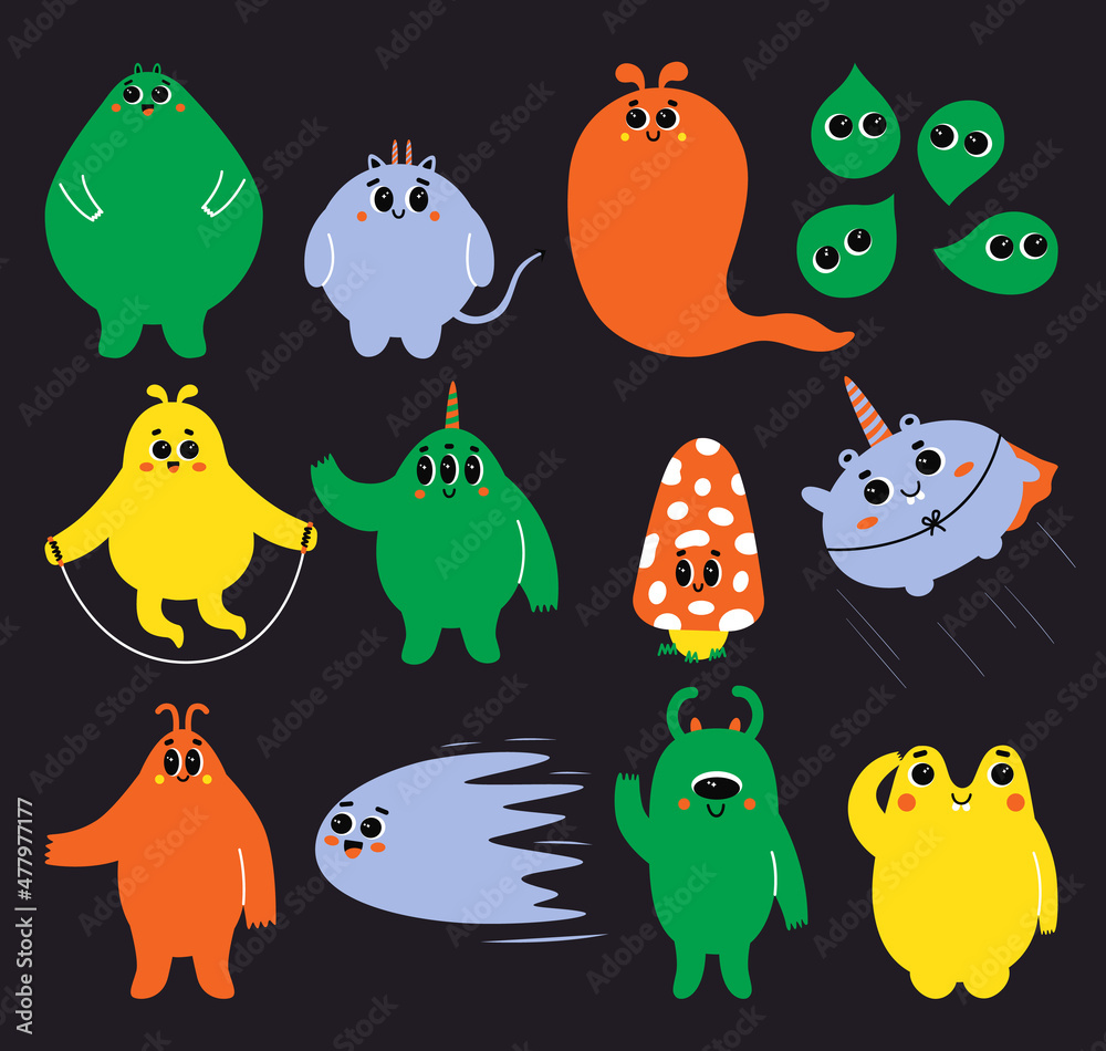 Set of cute monsters with happy face emotions. Bizzare kind characters ...
