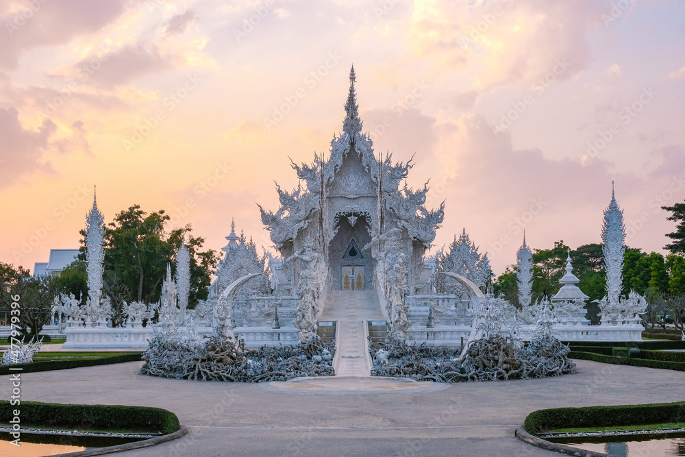 Poster Chiang Rai Thailand, white temple Chiangrai during sunset, Wat ...