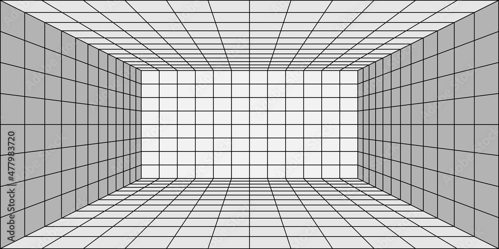 3d room corner with perspective grid. interior wireframe lines, virtual ...