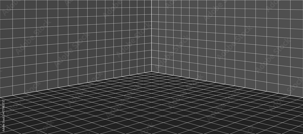 3d room corner with perspective grid. interior wireframe lines, virtual ...