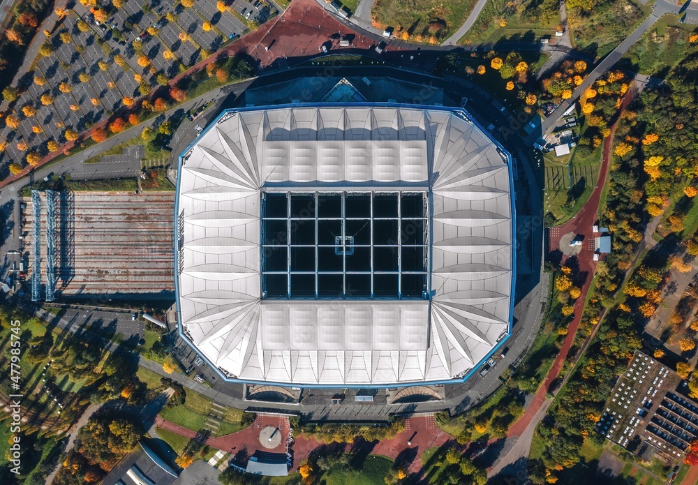Gelsenkirchen, North Rhine-Westphalia, Germany - October 2021: Aerial view directly above ...