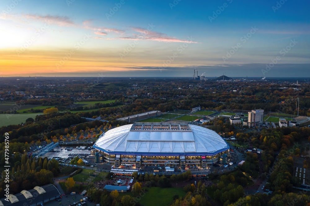Gelsenkirchen, North Rhine-Westphalia, Germany - October 2021: Arial panoramic view on Veltins ...