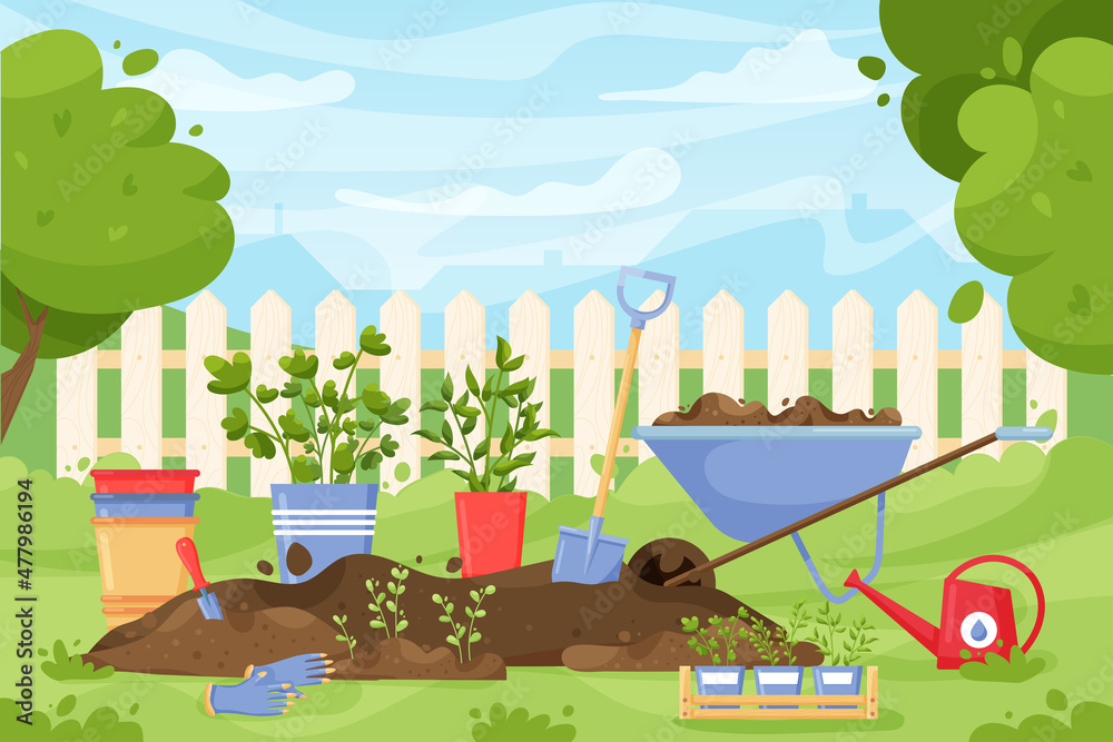 Garden landscape. Cartoon concept with spring and summer garden scene ...