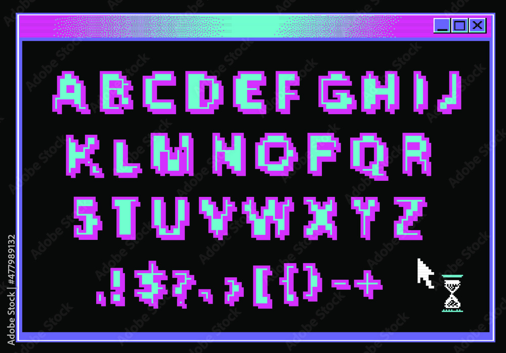 Pixel alphabet letters and punctuation marks. Retrofuturistic font or ...